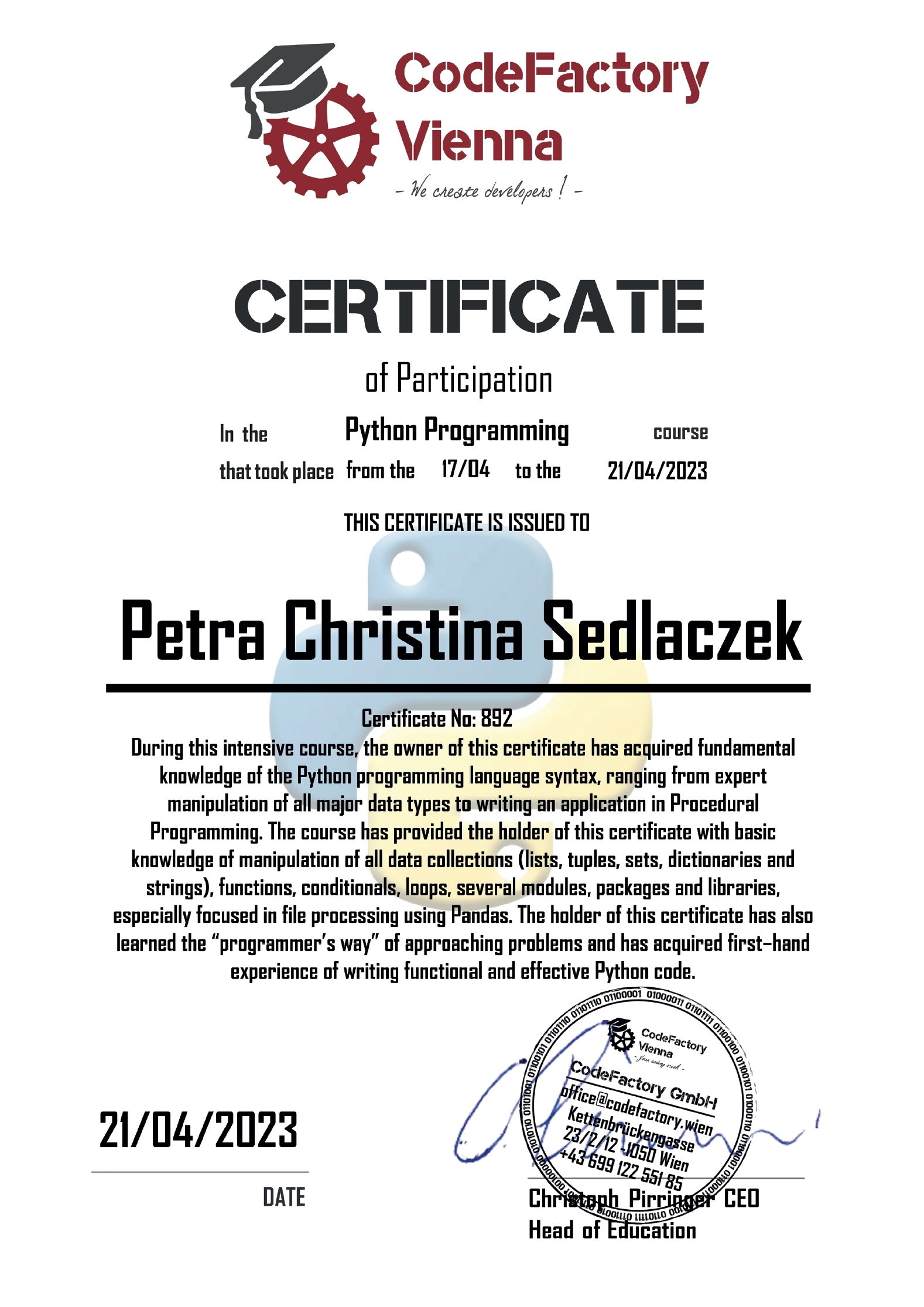 Petra Christina Sedlaczek | Junior Web Developer
